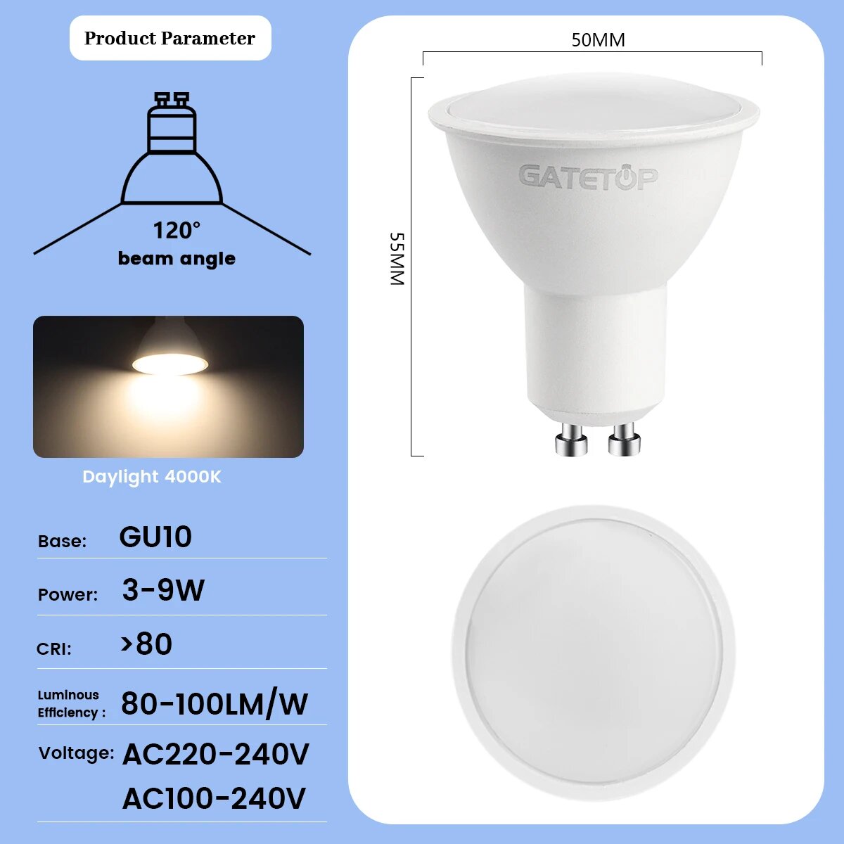 Светодиодные лампы GU10 Gatetop 5-9Вт для дома 120degree 4000K, AC220-240V, 5 Вт