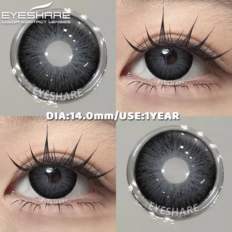 Контактные Линзы EYESHARE, 1 Пара, Цветные, Эффект Больших Глаз, Черные Линзы, Годовые, Одноразовые, Материал HEMA, Серые