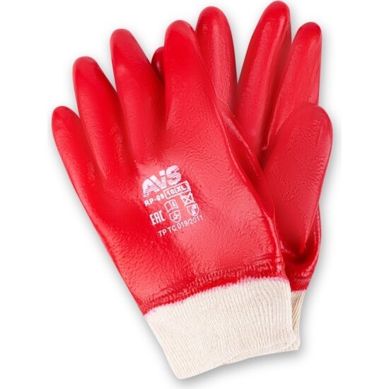 Перчатки ПВХ Avs полный облив МБС (красные, резиновая манжета) 1 пара RP-09