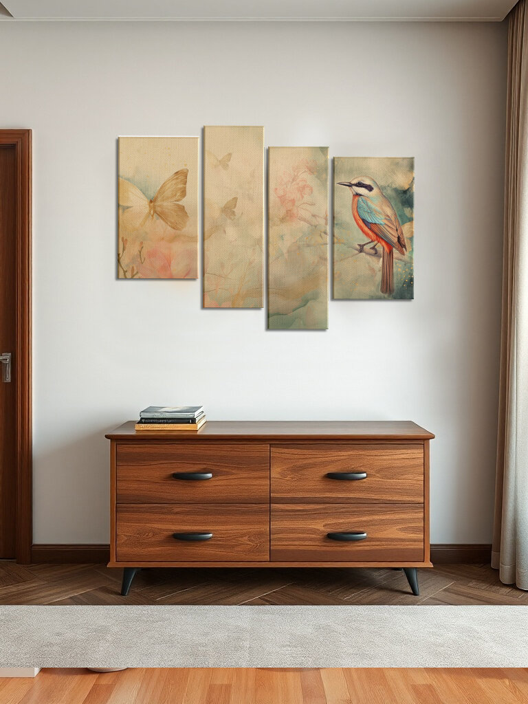 Картина модульная 140х100 см на стекле для интерьера/ Птичка в изумрудном саду, Diva Kartina