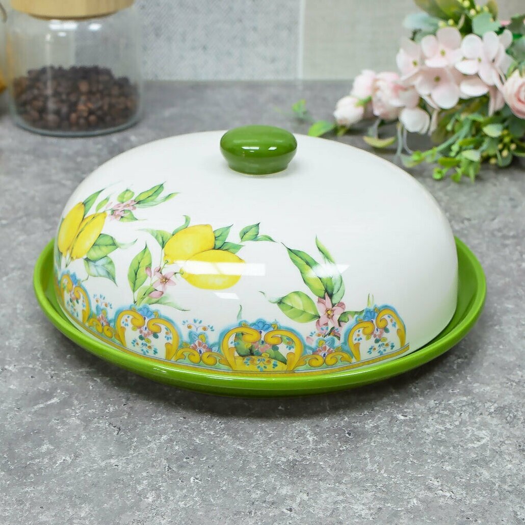 Блюдо для блинов с крышкой, коллекция "Принц Лимон", керамика, 23см, бело-зеленое, сохраняет свежесть и аромат