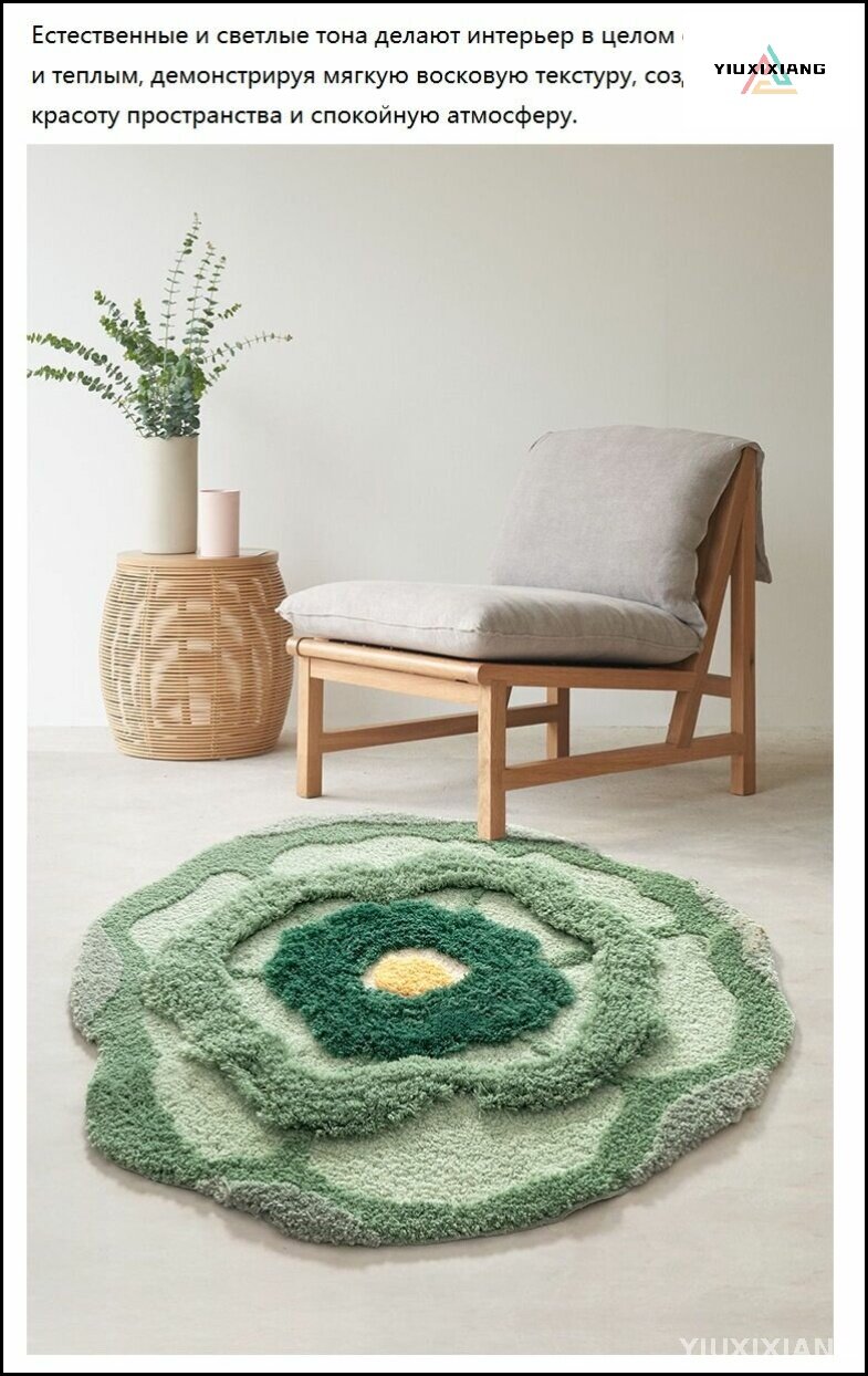 Ковер LjM, искусственный велюр, зеленый, машинный способ, круглый