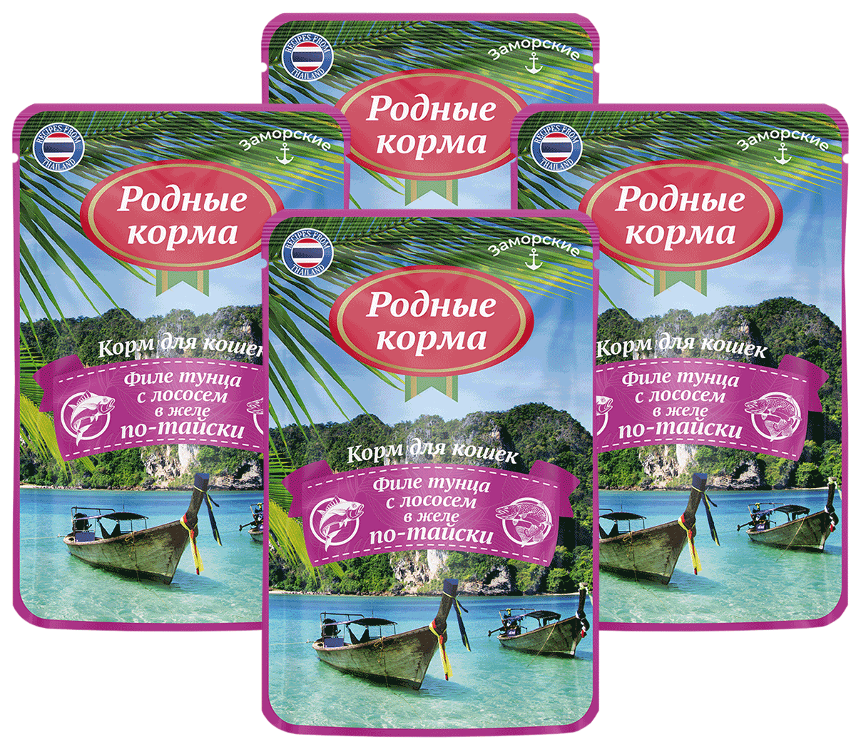 Корм влажный Родные Корма Заморские для взрослых кошек, тунец и лосось в желе по-тайски, 70 г х 4 шт