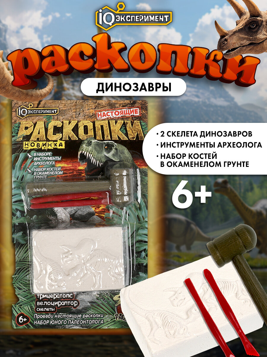 Раскопки динозавров для детей скелеты Трицератопса и Велоцираптора, IQ Эксперимент