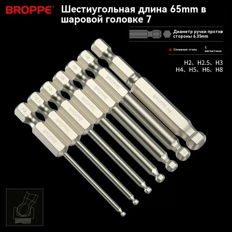 Набор шестигранных отверток со сферической головкой, 7 предметов, 65 мм