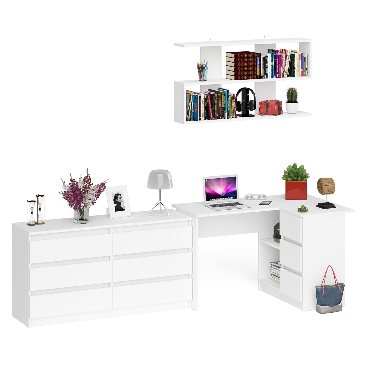 Комод широкий 6-ть ящиков Мори с угловым компьютерным столом правым и книжной полкой, белый, 262,4х84,9х209,6 см.