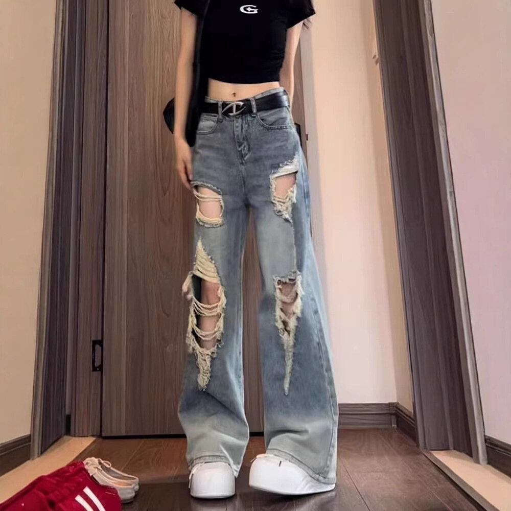 Женские джинсы Версия повышения Американские винтажные рваные — летние высокоходные свободные широкие полные штаны