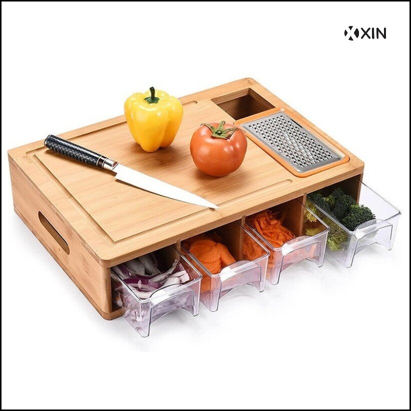 Универсальная разделочная доска отсеками / Многофункциональная кухонная доска с выдвижными контейнерами для продуктов