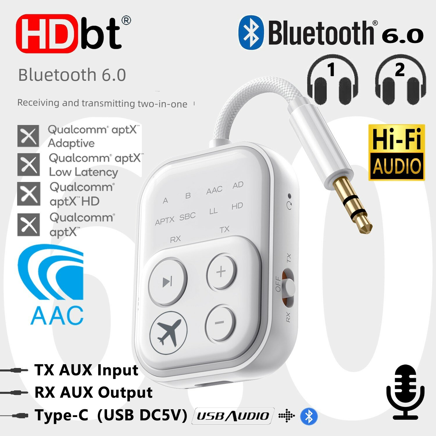 Bluetooth 6.0 аудиоадаптер с APTX Adaptive HD LL и усиленным USB цифровым передатчиком, модель B525+