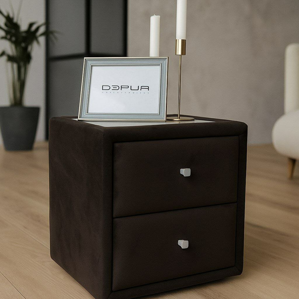 Тумба прикроватная дэрия, с ящиками, 2 ящика, стекло, мягкая обивка, коричневая