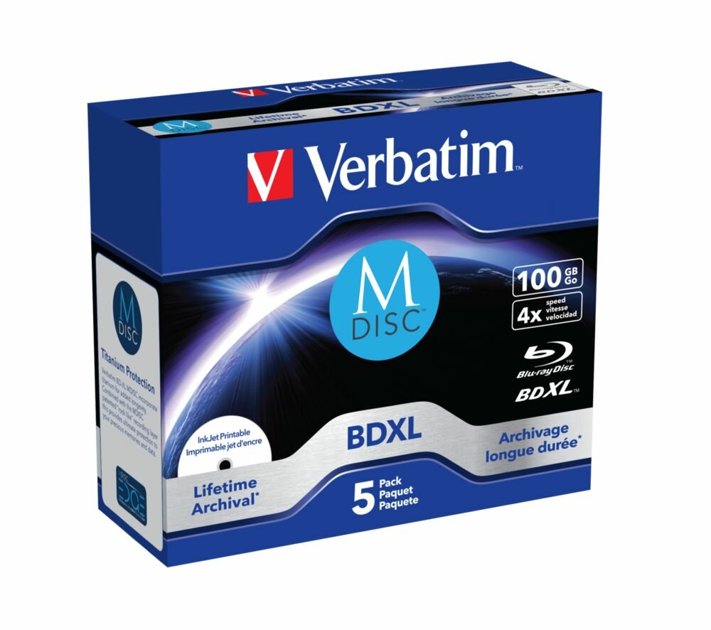 Оптические диски Verbatim MDISC BDXL 100 ГБ 4X под струйную печать Printable 5 шт. в коробках