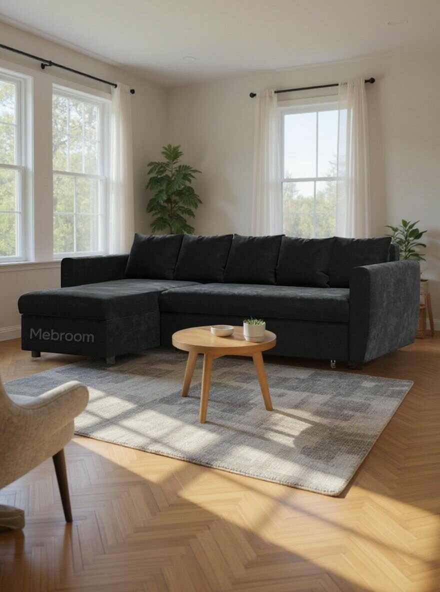 Угловой диван еврокнижка раскладной "Мартин", велюр искусственный, черный