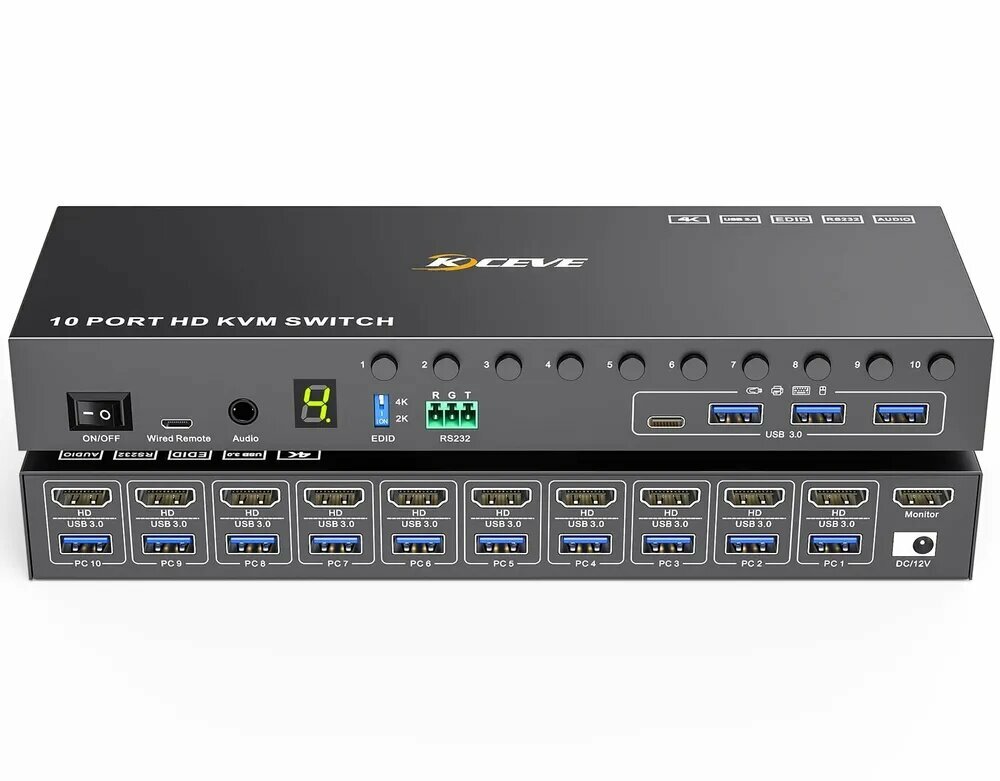10-портовый коммутатор KVM HDMI 4K@60Hz Моделирование EDID