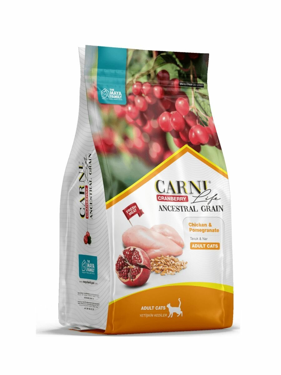 (срок до 12.03.2026)CARNI LIFE ADULT корм для кошек с курицей, с гранатом и клюквой 1,5кг