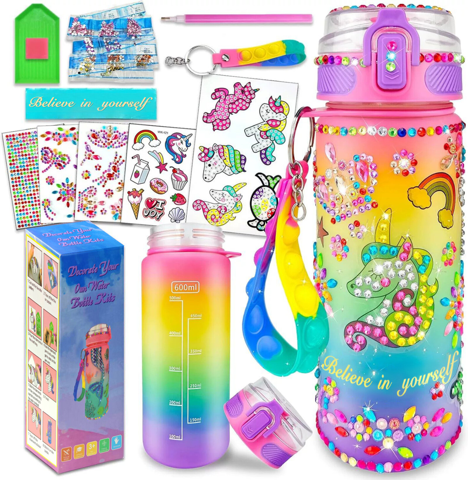 Детский набор для самодельного чайника, ручная бутылка для воды, ручная роспись пастой с алмазами, бутылка для воды 600 мл радужная градиентная (розовый - фиолетовый - синий - зеленый - желтый) матовая поверхность, шкала graduations 100-500 мл, набор