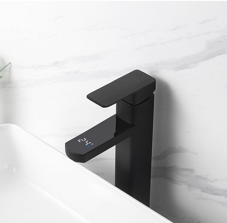 Смеситель для раковины в ванной со Цифровой дисплей LED, Сенсорное управление показывает температуру воды, смеситель для холодной и горячей воды Электричество не требуется. Черный / белый