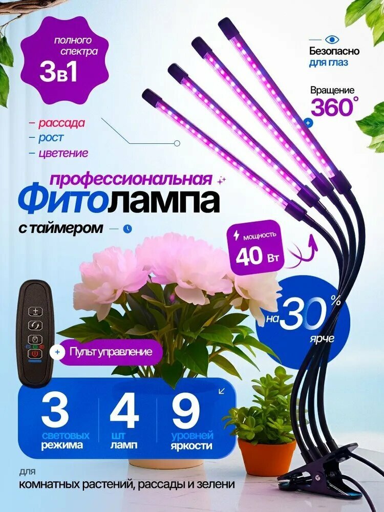Фитолампа для растений светодиодная полного спектра / Лампа для рассады/ Фитосветильник LED на прищепке с таймером