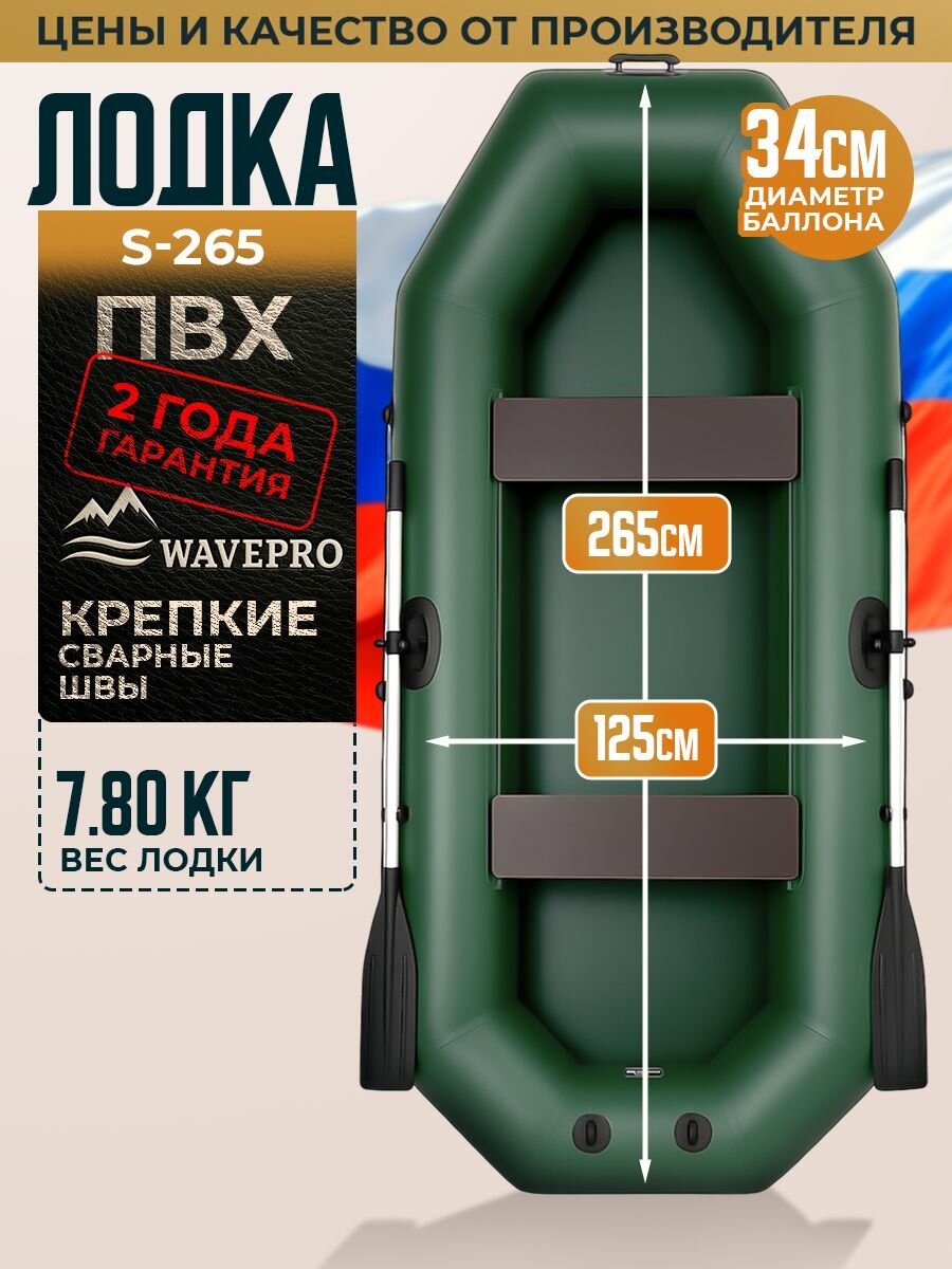 WavePro Лодка ПВХ надувная для рыбалки гребная 265 см, зеленый