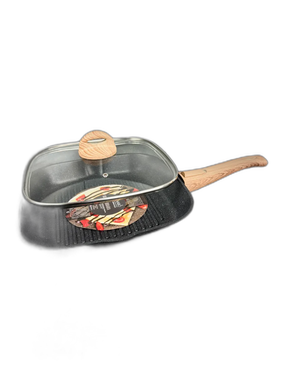 Сковорода гриль антипригарная с крышкой 27х27 см Панейро