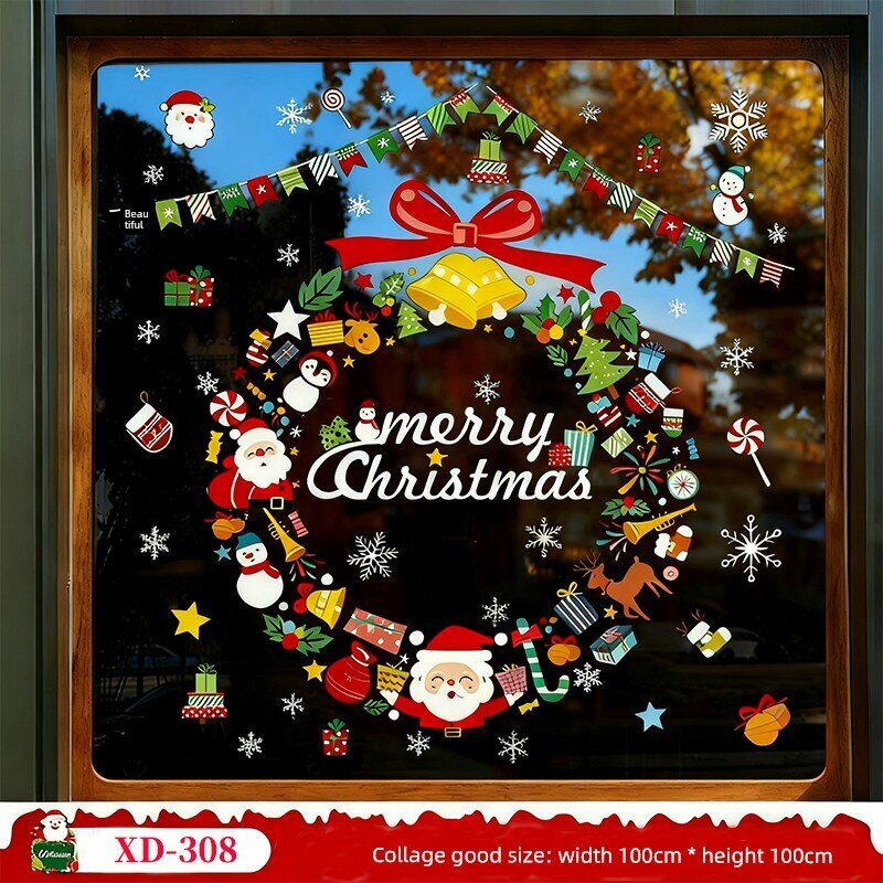 Новогодние стеклянные наклейки, статические наклейки, наклейки на окна с изображением Деда Мороза и елки, оформление
