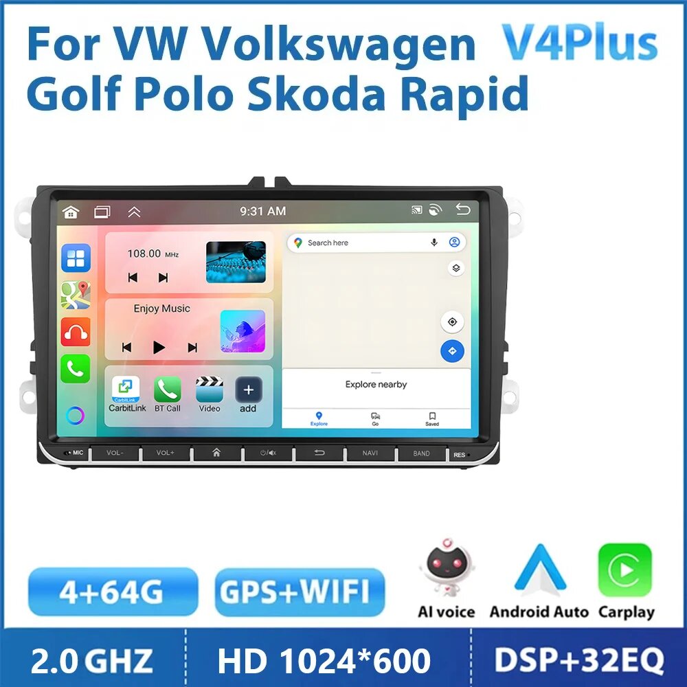 Podofo радио Android 2 Din мультимедийный автомобильный плеер для VW / Volkswagen Skoda Octavia golf 5 6 touran passat B6 polo Jetta Coche 4G 64G 2.0GHZ