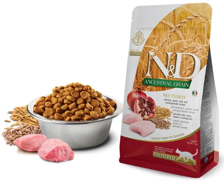Сухой корм для стерилизованных кошек Farmina N&D Ancestral Grain, с курицей, гранатом, овсом и спельтой, 300 гр