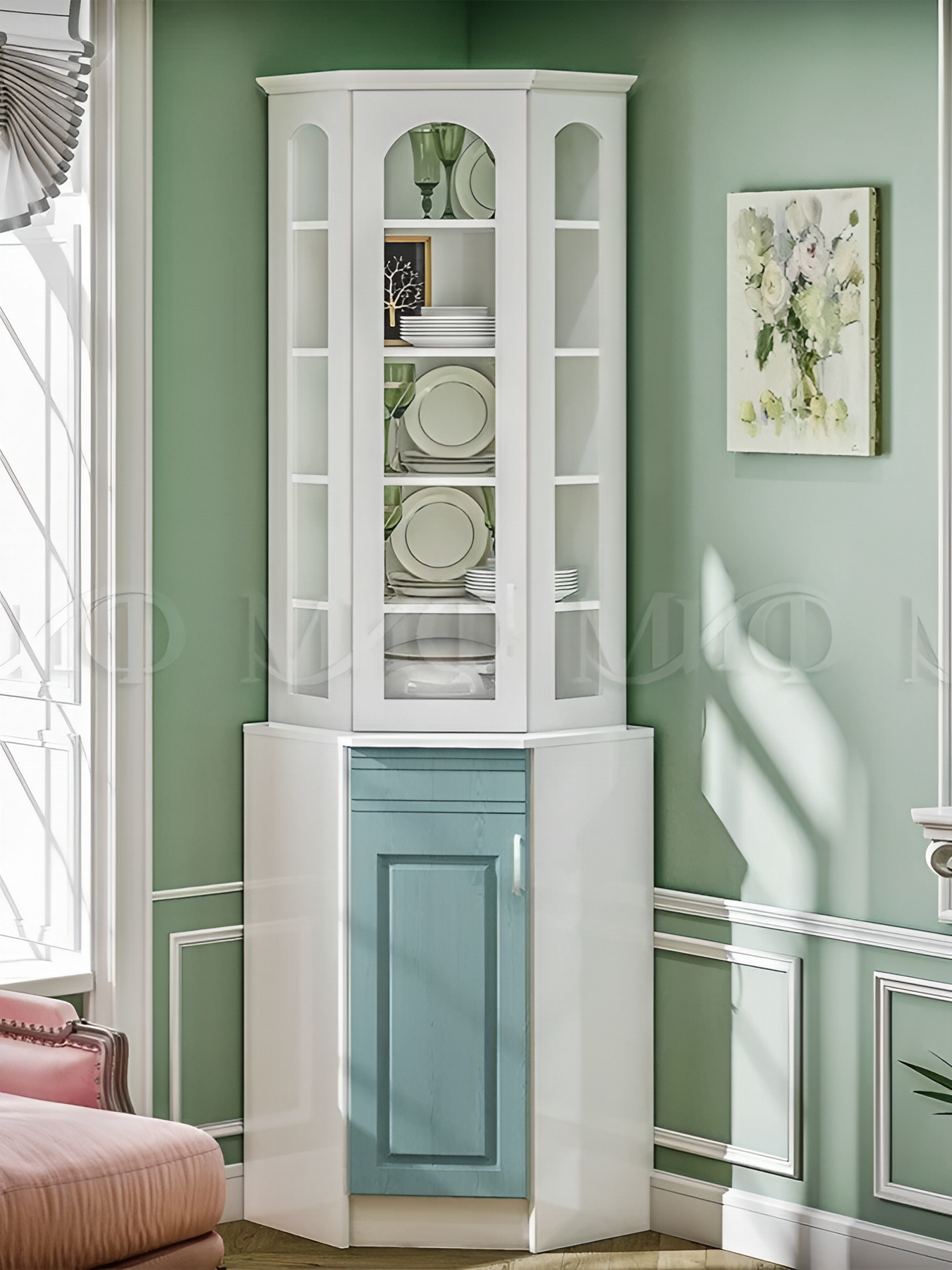 Буфет угловой с поклами Констанция белый матовый/голубой/белый миф