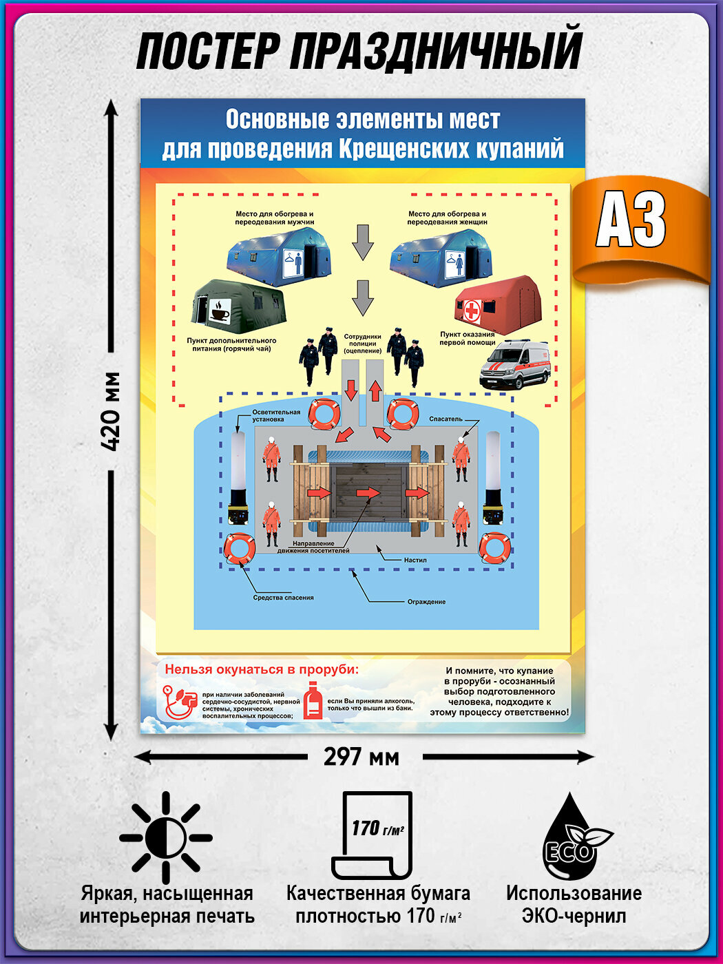 Плакат на Крещение Господне / Постер для праздничного оформления храма Формат А3 (30х42 см.)
