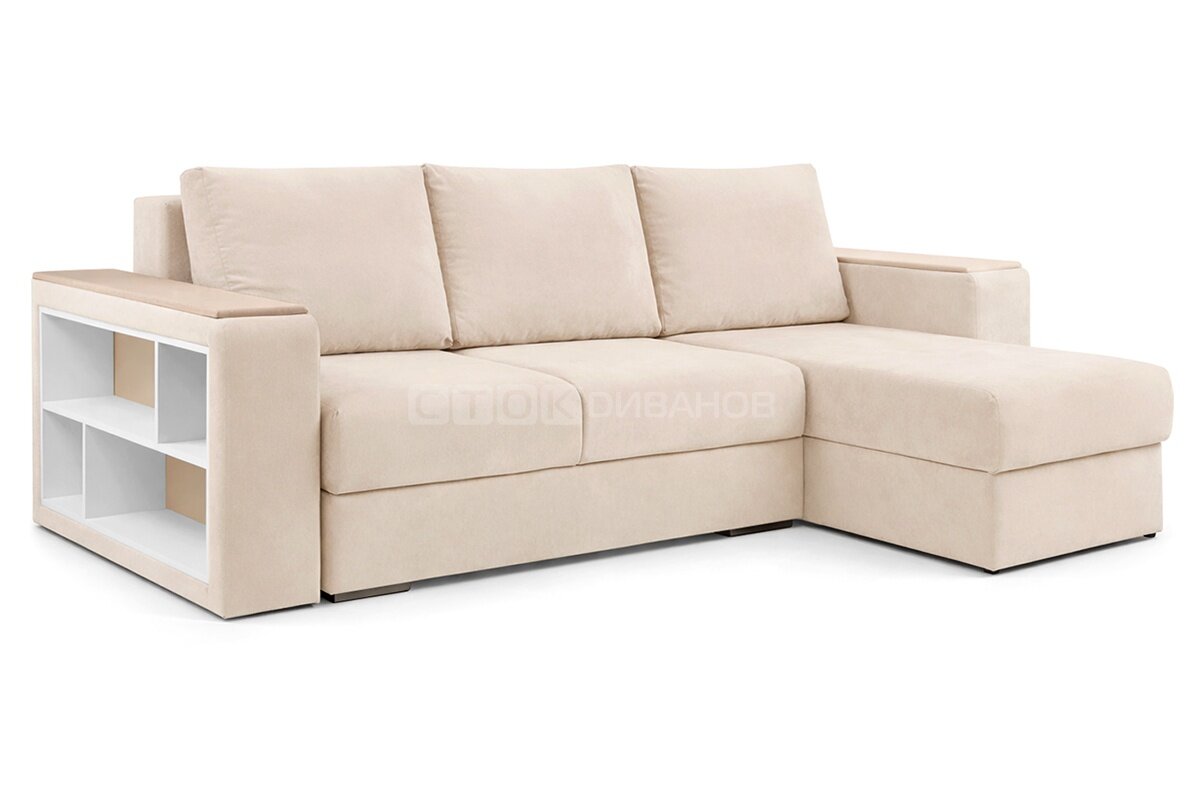 Угловой диван Сток Диванов Манчестер Cream бежевый велюр 255 см, механизм еврокнижка