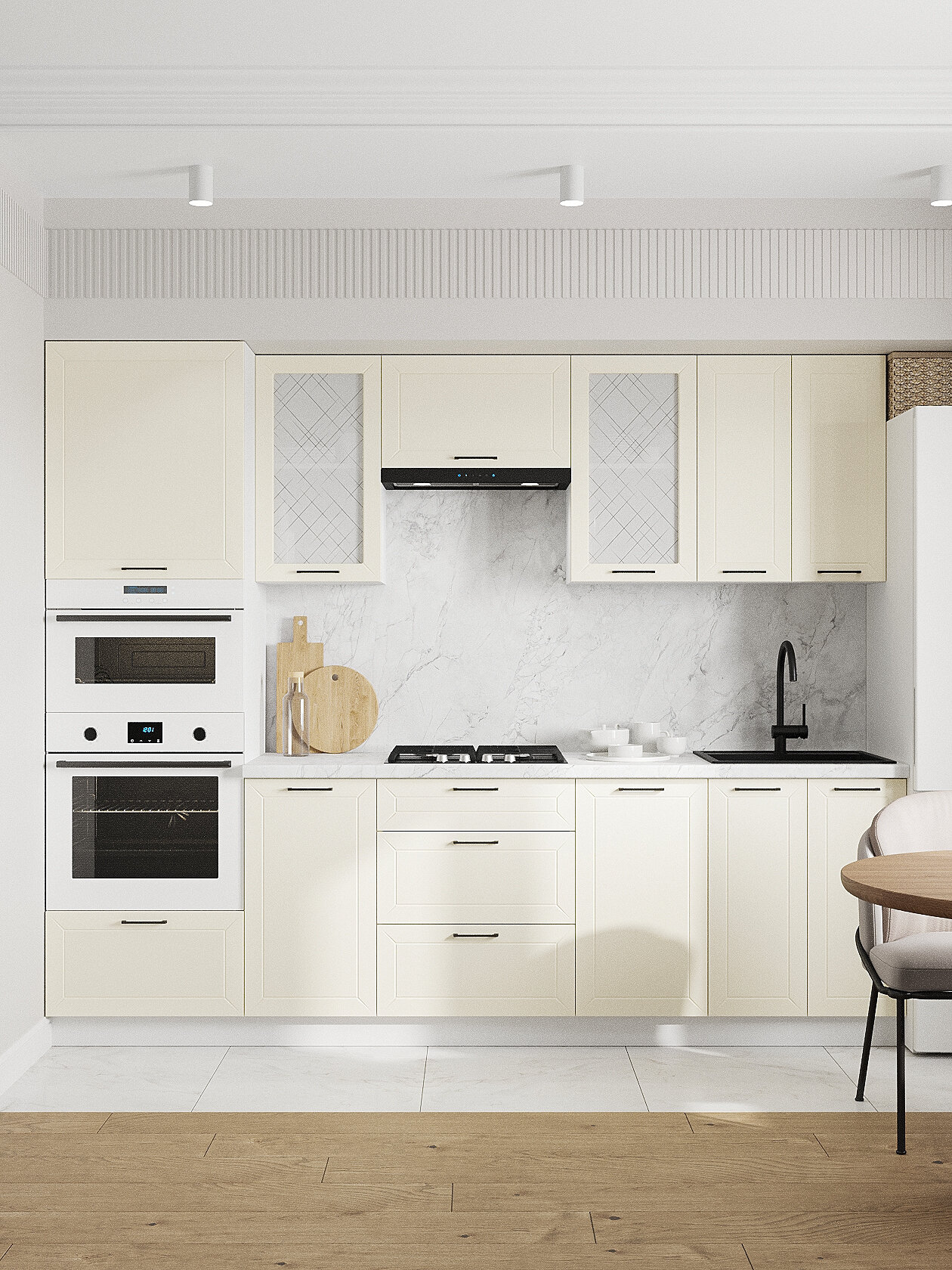 Кухонный гарнитур Сектор 2.6 м, мебель для дома и кухни, с антресолью, Белый / Магнолия / Стекло