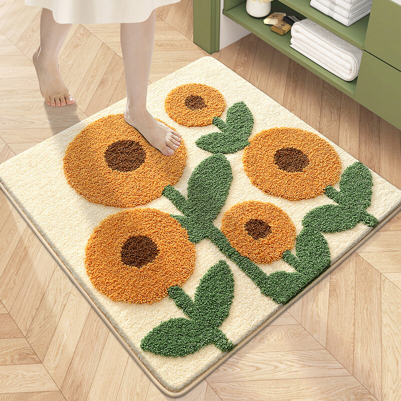 Flower square floor mat, strong water absorption and flocking, sunshine simple flower, 60x60 cm