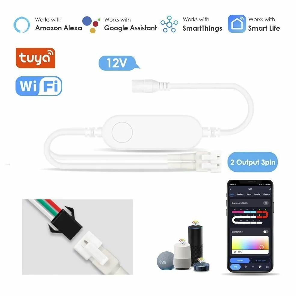 RGB контроллер для адресной светодиодной ленты WiFi, Контроллер RGB ленты 12v / 24v, Tuya smart life