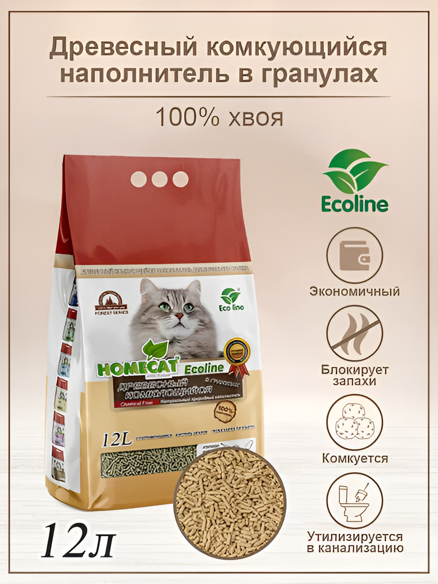 HOMECAT Ecoline 12 л древесный комкующийся наполнитель в гранулах для кошачьих туалетов