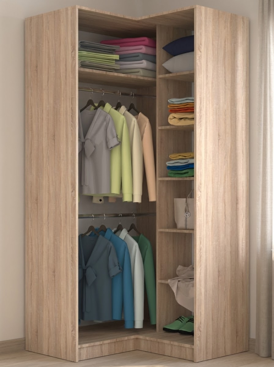 Открытый гардеробный угловой шкаф Макс-5 с 2 штангами для вешалок и 7 полками, ШхГхВ: 100х50х210 см, дуб сонома