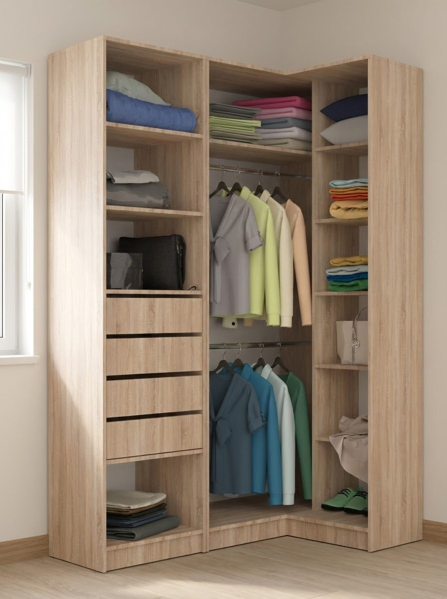 Открытый гардеробный угловой шкаф Макс-14 с 2 штангами, 11 полками и 4 ящиками, ШхГхВ: 160х100х210 см, дуб сонома