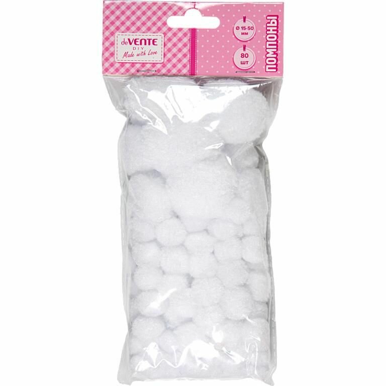 Набор помпонов для творчества deVENTE белые, 15-50 мм, 80 шт в упаковке (8000562)