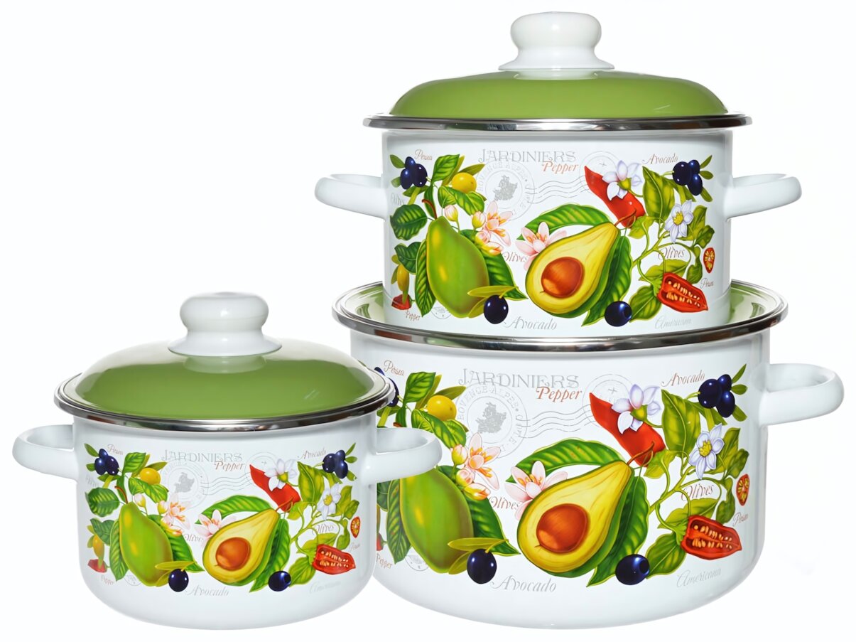 Набор кастрюль 'Авокадо', эмалированная сталь, 3 предмета: 2л, 3л, 5.5л с фруктовым дизайном