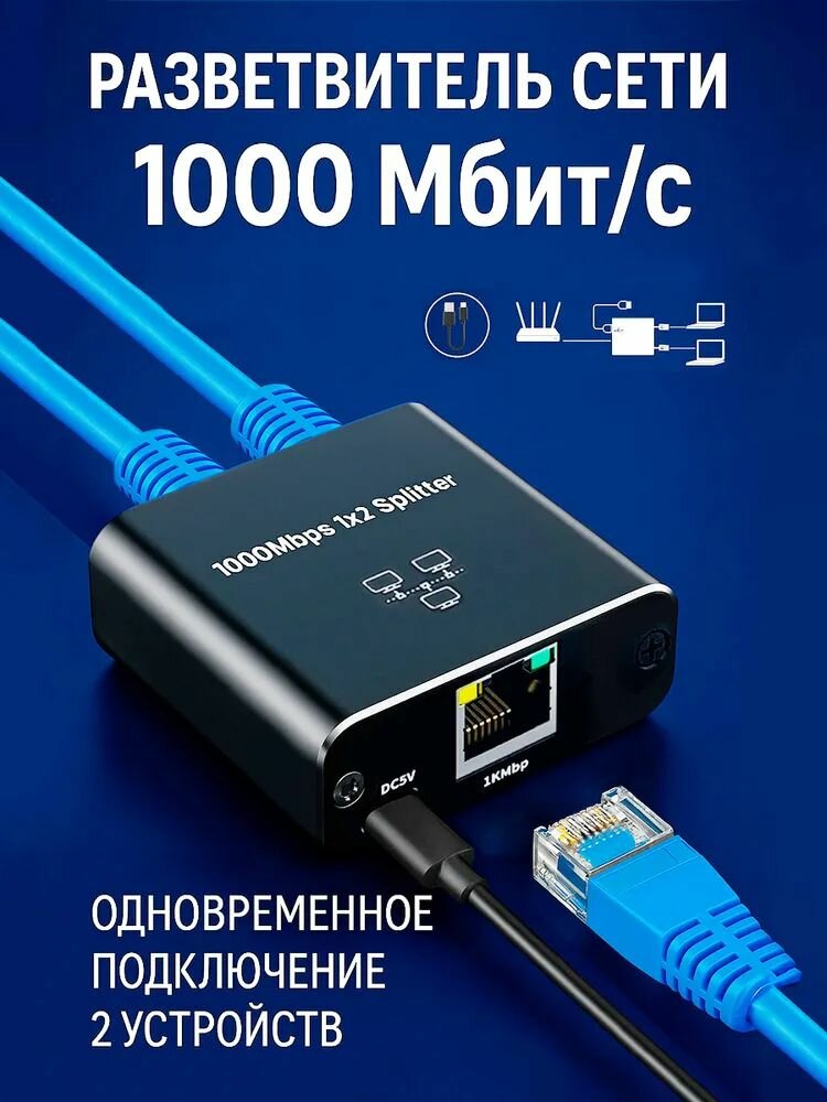 Сетевой разветвитель RJ45 1000 Мбит/с сплиттер для кабеля Cat6 на 2 порта
