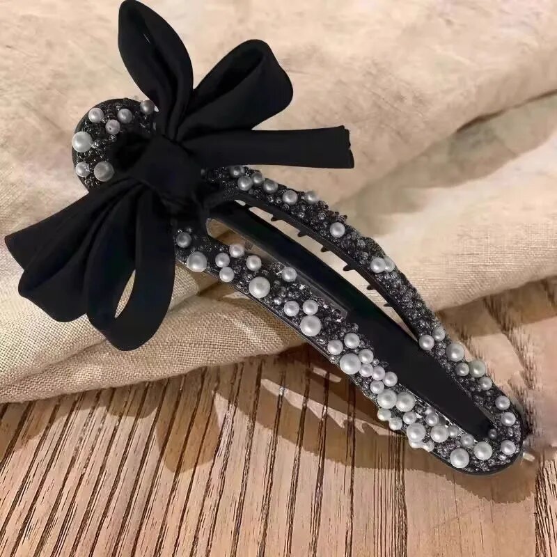 Пластиковая заколка-бант со стразами и жемчугом для женщин B