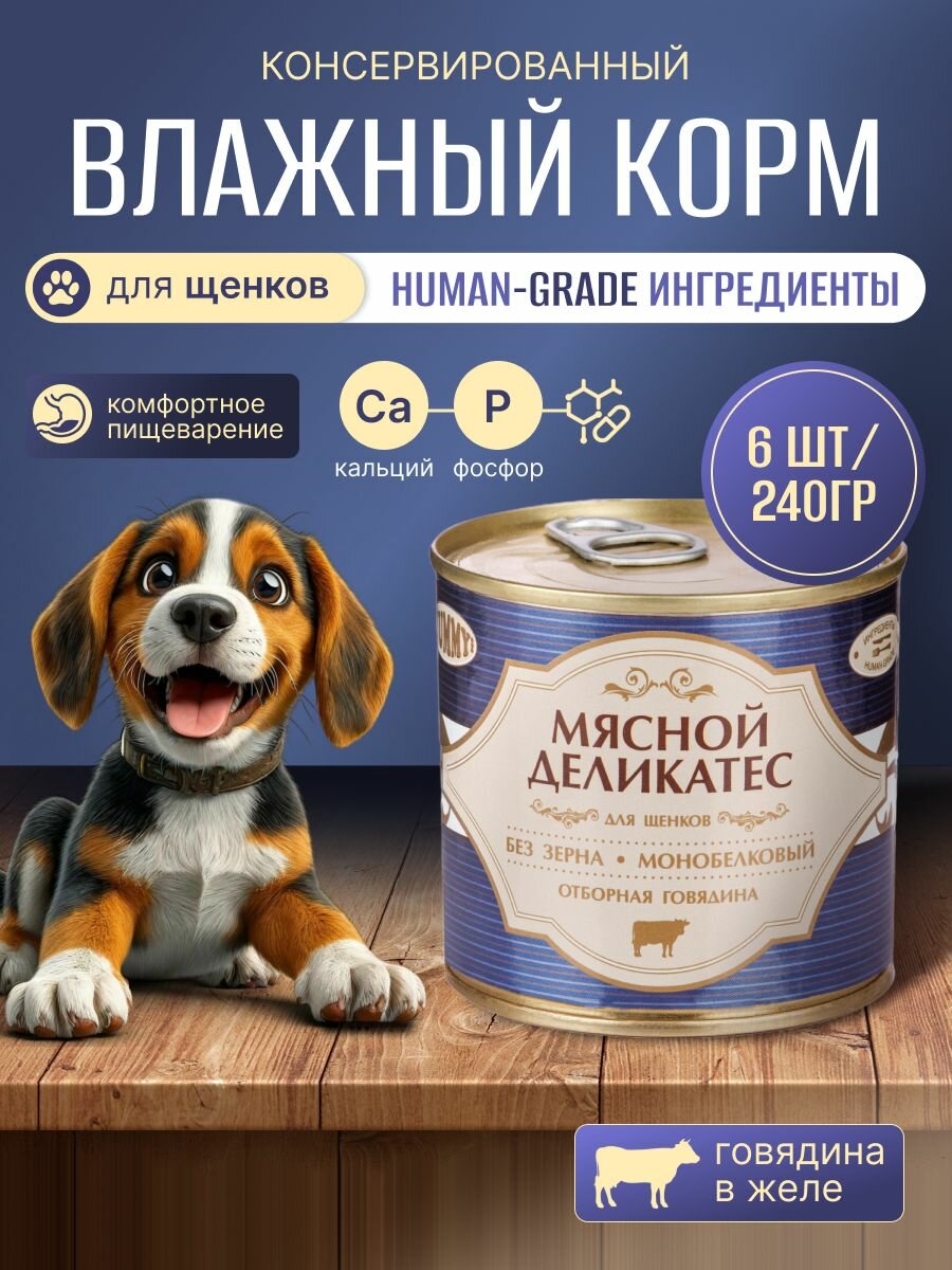 Yummy Мясной Деликатес Влажный корм для щенков Говядина натуральная в желе, 240 г. * 6 шт.