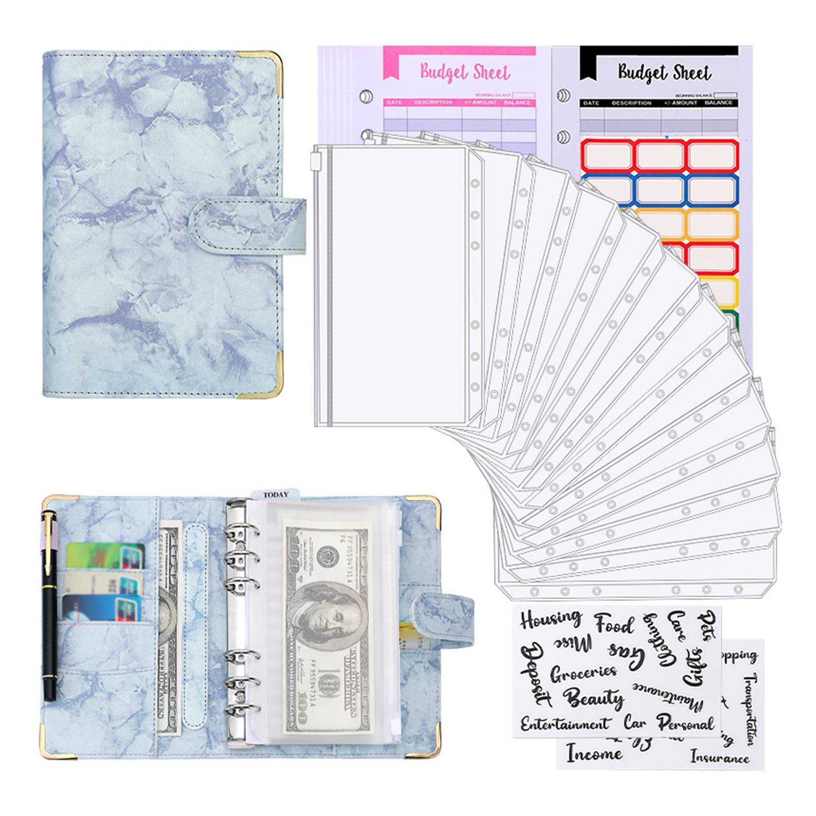 Папка для бюджета A6 с обложкой из ПУ кожи с мраморным узором, зippers конвертами, этикетками, линейкой, используется в качестве системы организации денег, планера для сбережений, подарка на день рождения для друзей, цвет: Серый, Черный, Розовый, Желтый,