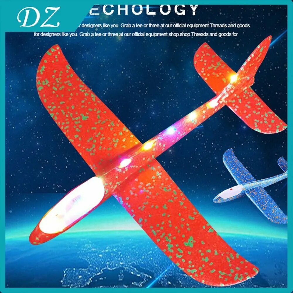 Метательный самолет светящийся, игрушка из пенопласта для улицы, планер пенопластовый с подстветкой 48 см синий