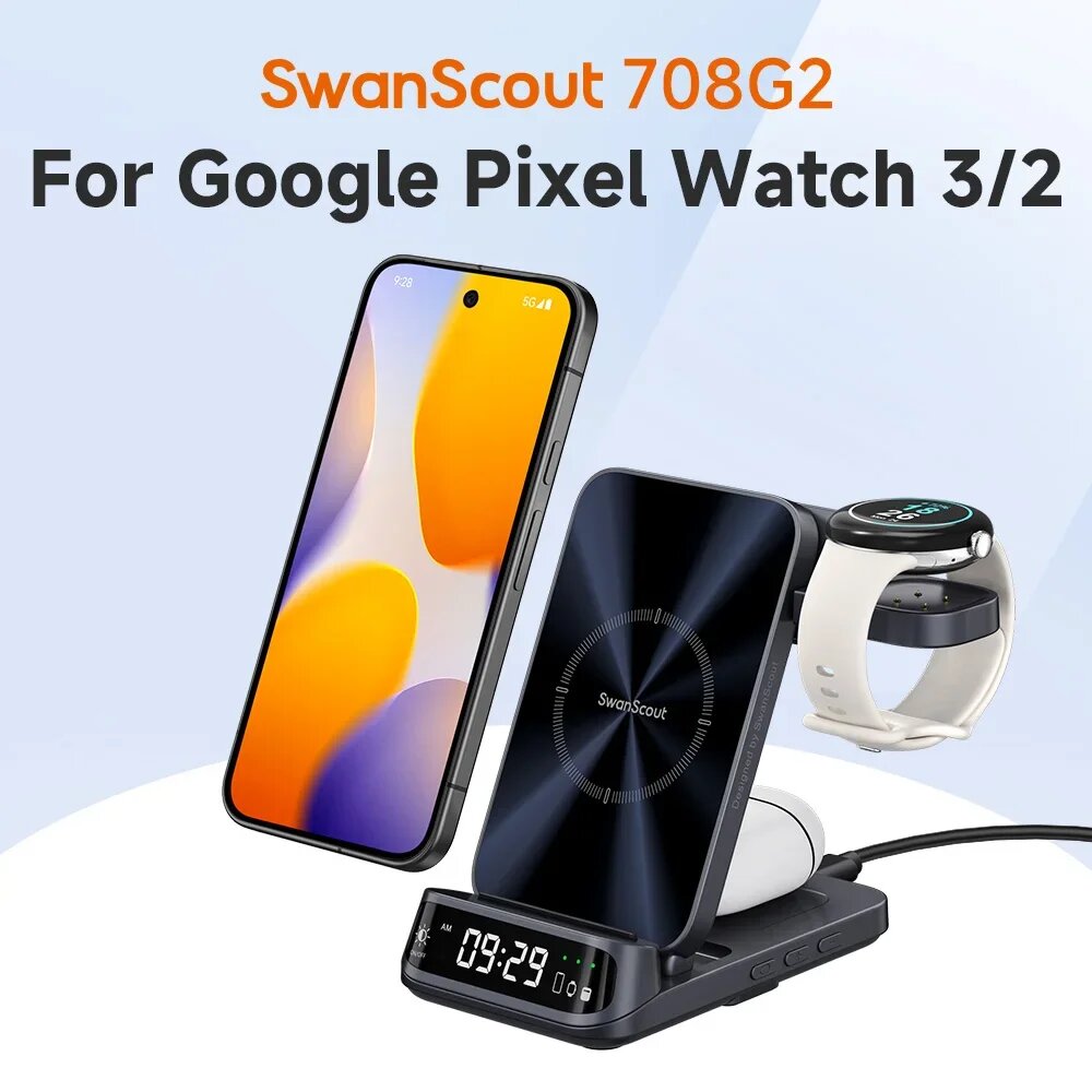 SwanScout 708G2 Беспроводное зарядное устройство 3 в 1 для Google Pixel 9 Pro XL 8 7 6 для Pixel Watch 3 2 для Fitbit Versa 4 3 Fitbit Sense 2
