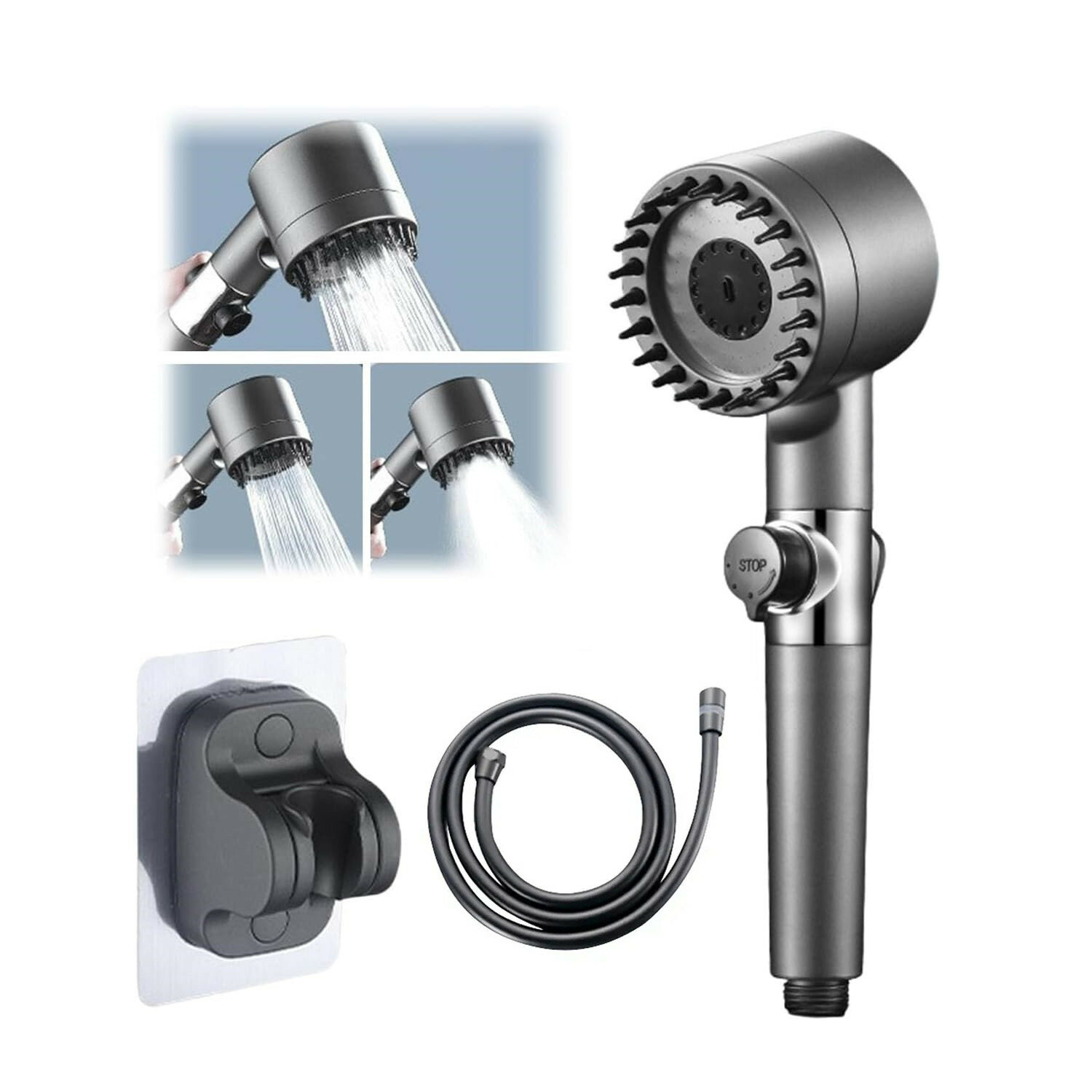 Душевой насадок с фильтрацией PP cotton, 3 регулируемых режима, антизасточной форсункой, 22 массажными полосами, 270*80 мм, 1.5 м шланг, ABS+силикон, универсальный дюймовый интерфейс, 1 комплект, цвет как на картинке для взрослых детей домашних животных
