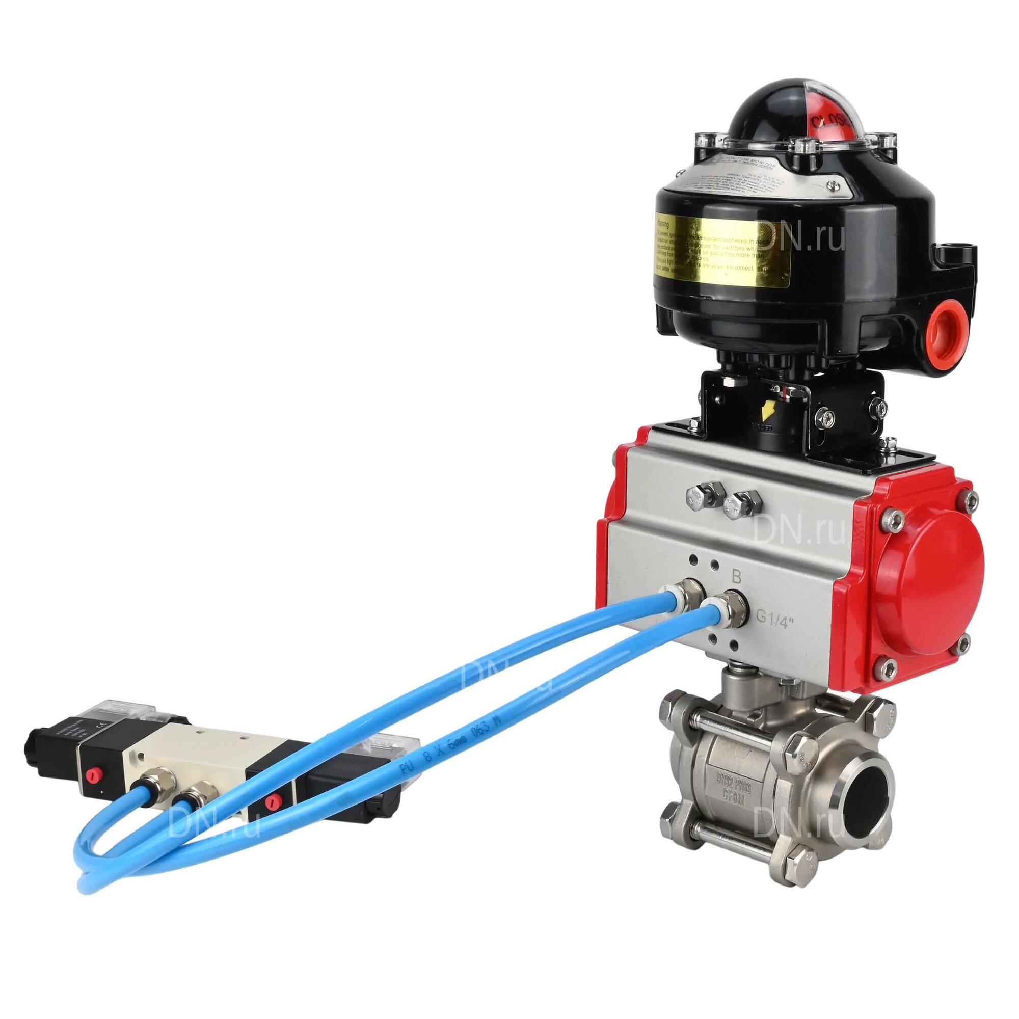 Кран шаровой DN.ru кшпп 316.200 Ду20 Ру63 под приварку, полнопроходной, нержавеющая сталь SS316, уплотнение PTFE, с пневмоприводом DA-052 пневмораспределителем PND1-S2EM-52-2-T10-220VAC БКВ LSB-510-02ExM12-250