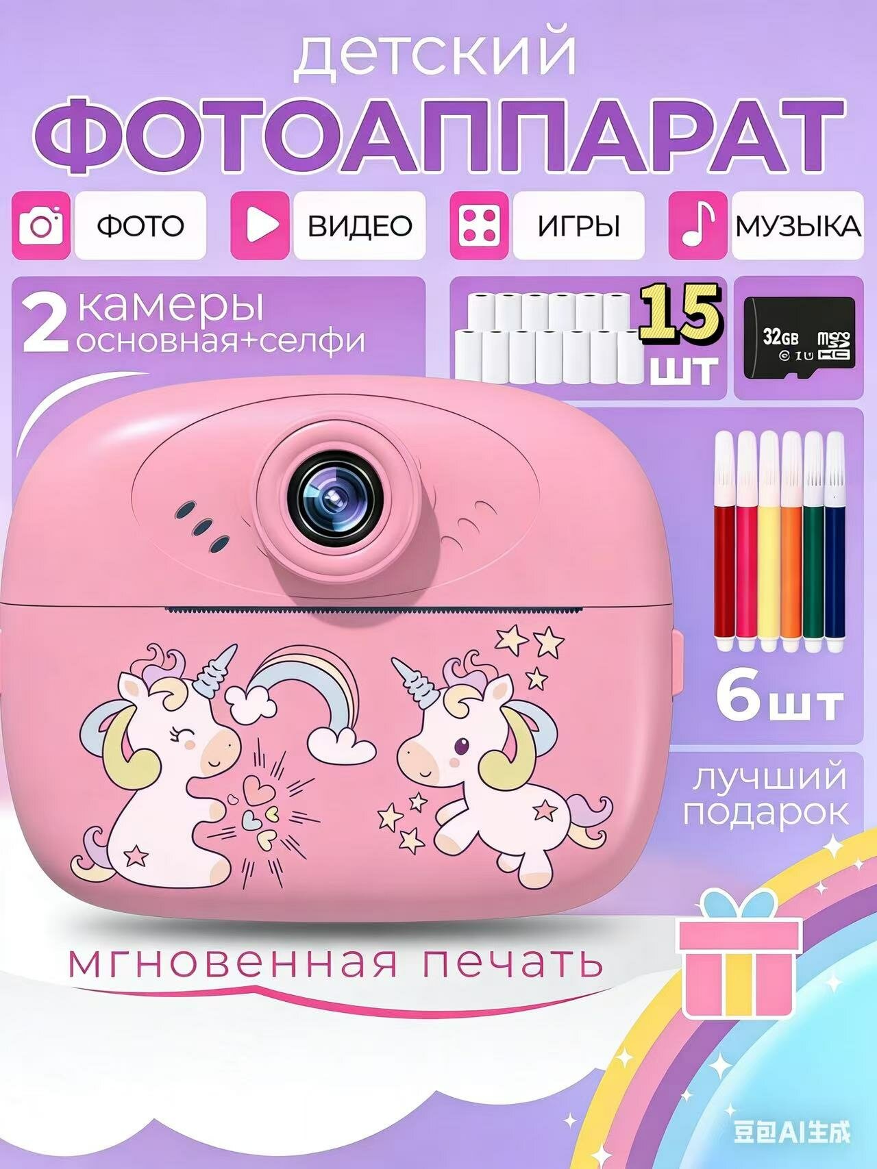 Детская фотокамера мгновенной печати с функциями селфи и видеозаписи, SD-картой на 32 ГБ, в комплекте с инструментами для рисования и бумагой для печати отличный подарок для