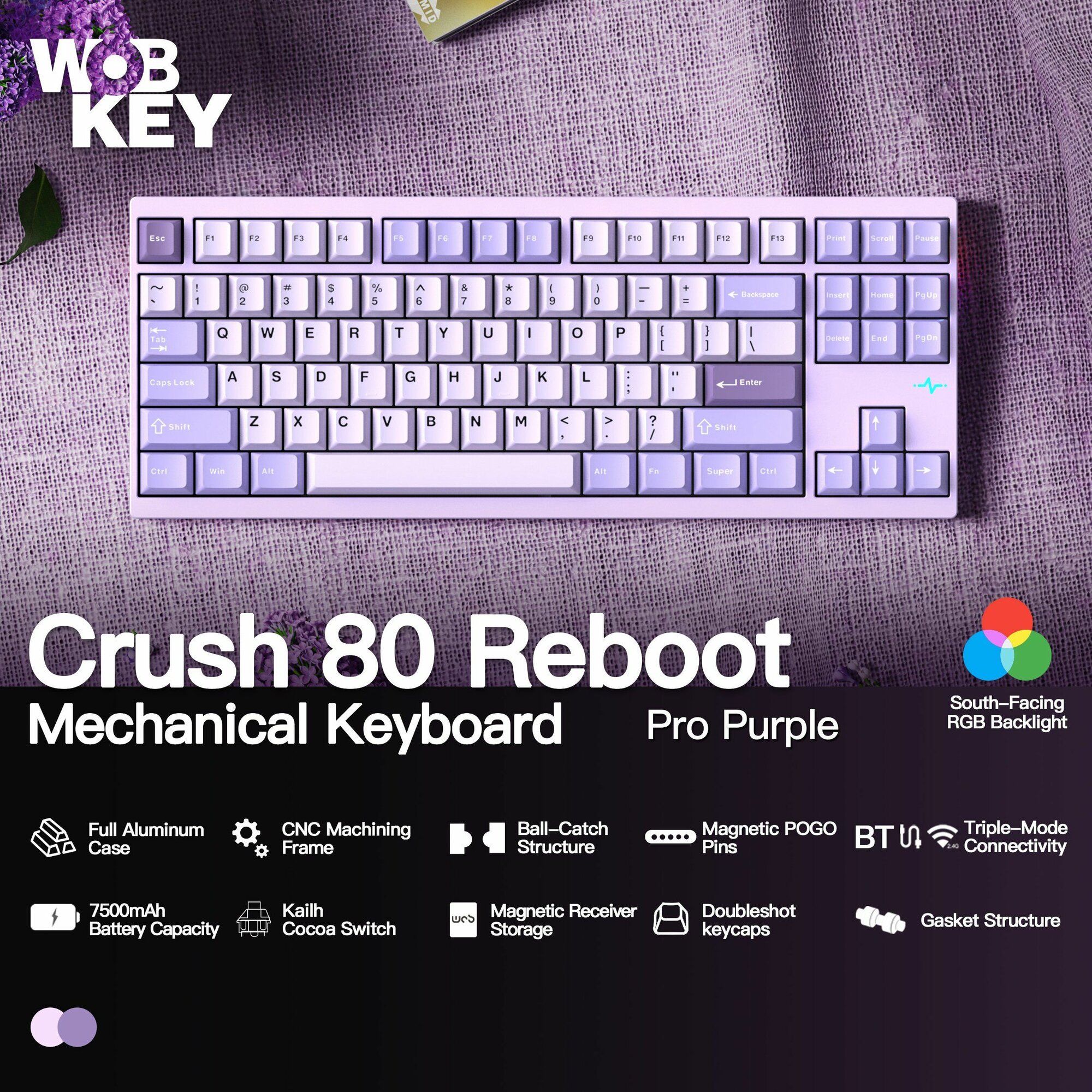 WOBKEY Клавиатура проводная WOBKEY Crush 80 Reboot, Английская раскладка, фиолетовый
