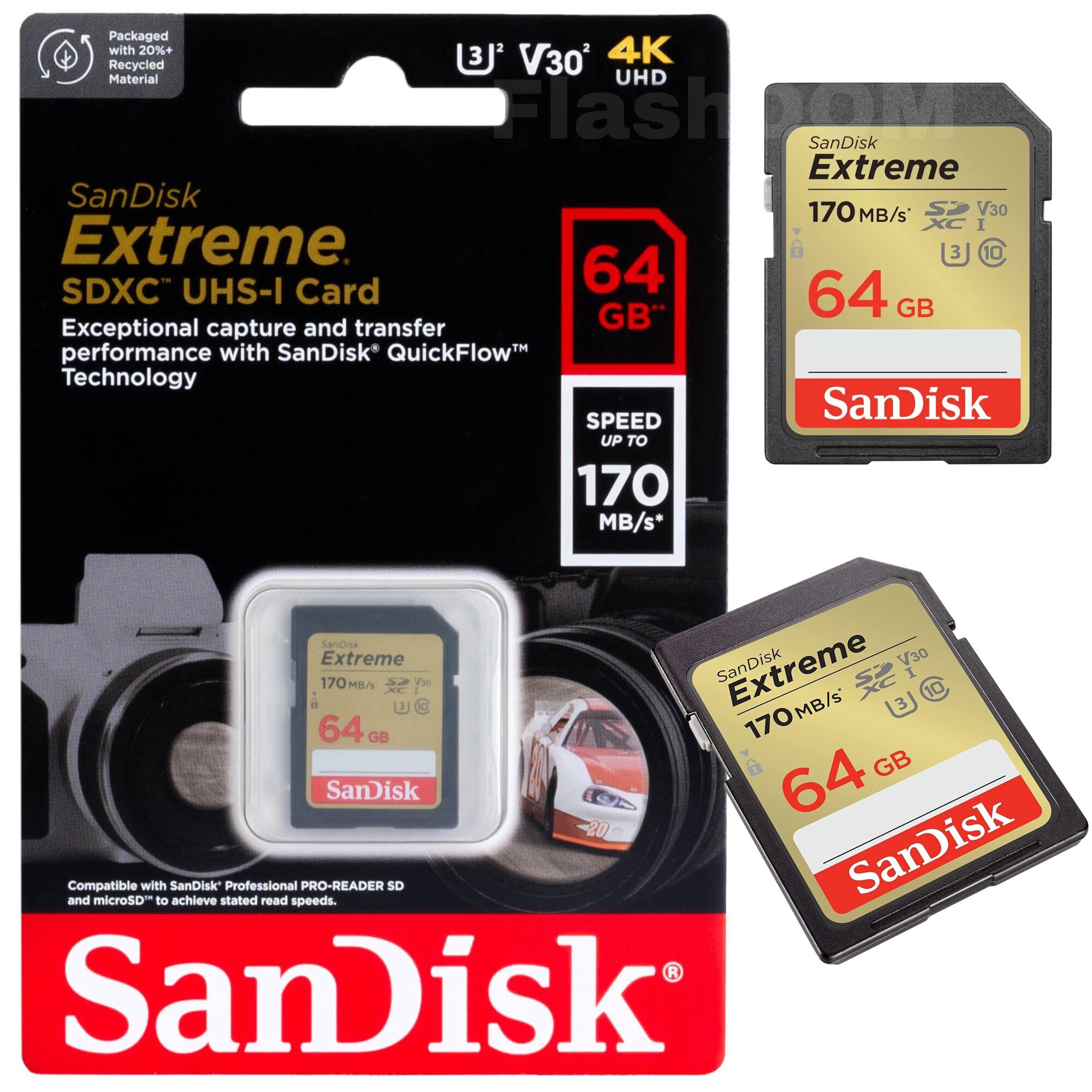 Карта памяти SanDisk Extreme SDXC 64 ГБ Class 10 UHS-I U3 V30 (R/W 170/80 Mb/s)