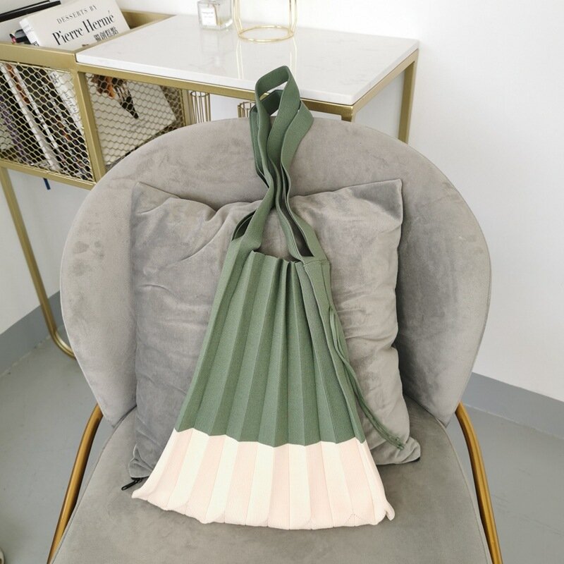 Сумка для покупок с плиссированным дизайном, складная, цветная, вязаная, одно плечевая, аккордеонная сумка для женщин, пэчворк