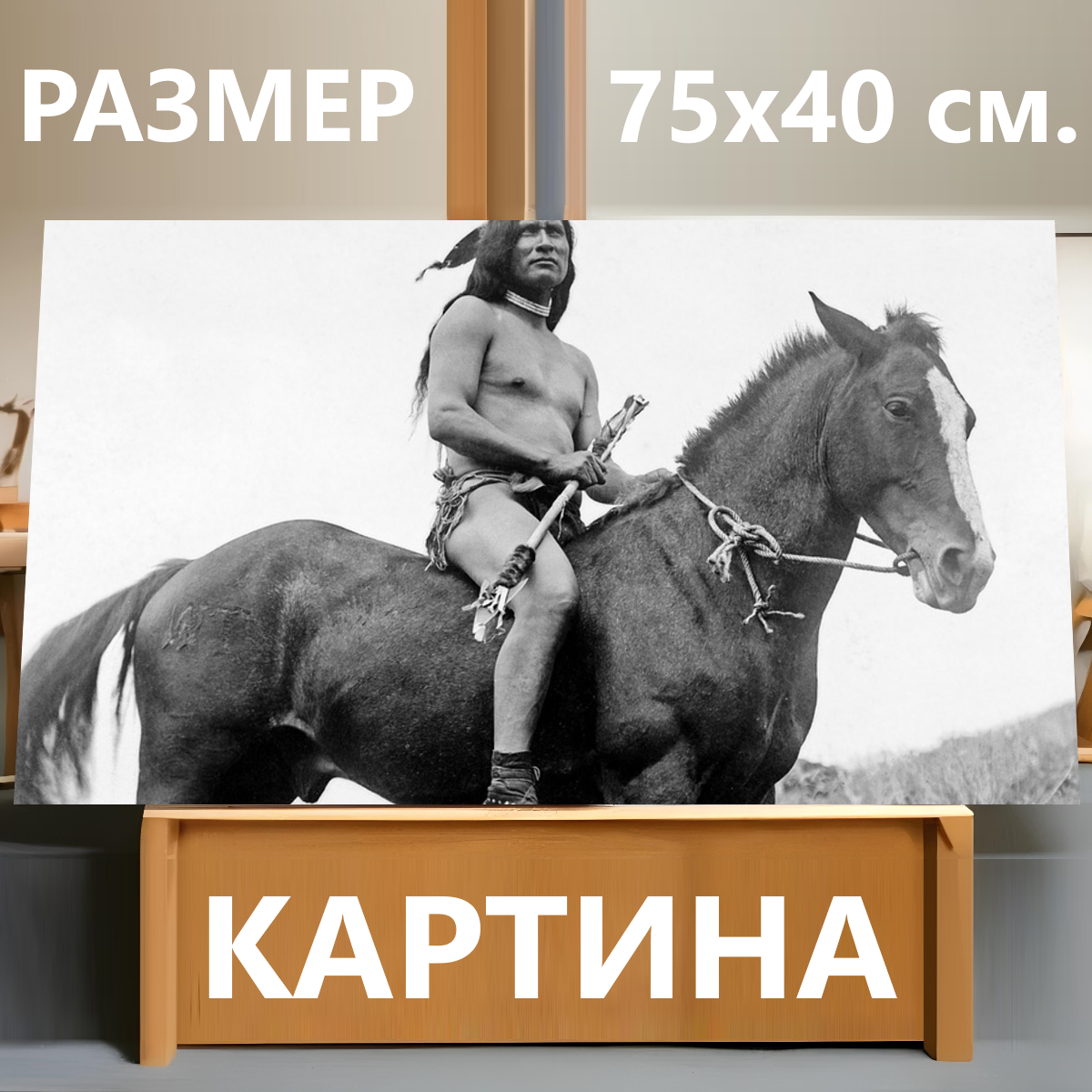 Картина на холсте "Индейцы, воин, конный спорт" на подрамнике 75х40 см. для интерьера